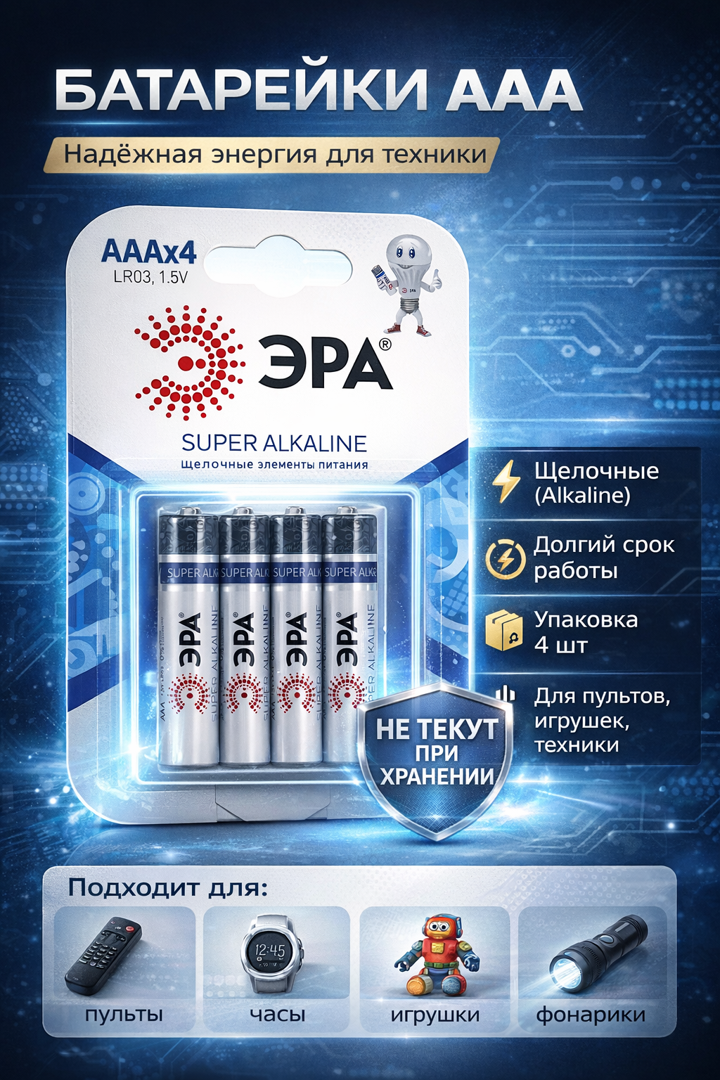 Батарейки ЭРА "SUPER Alkaline" LR03, ААА, алкалиновые, 4 шт, блистер