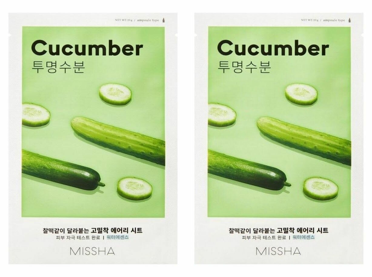 Маска для лица увлажняющая с экстрактом огурца для сухой кожи, Missha, Airy Fit sheet mask Cucumber, 19 г, 2 шт