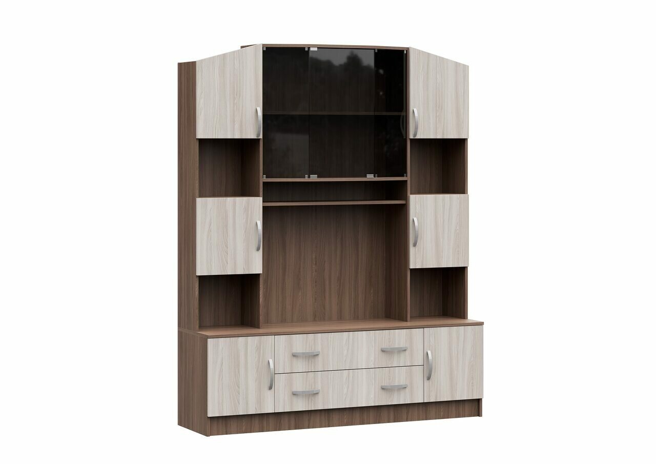 Центральная секция ТВ 301 «Макарена» с нишей под ТВ, ящиками и полками, ЛДСП (Шимо темный/Шимо светлый) 160х44х200