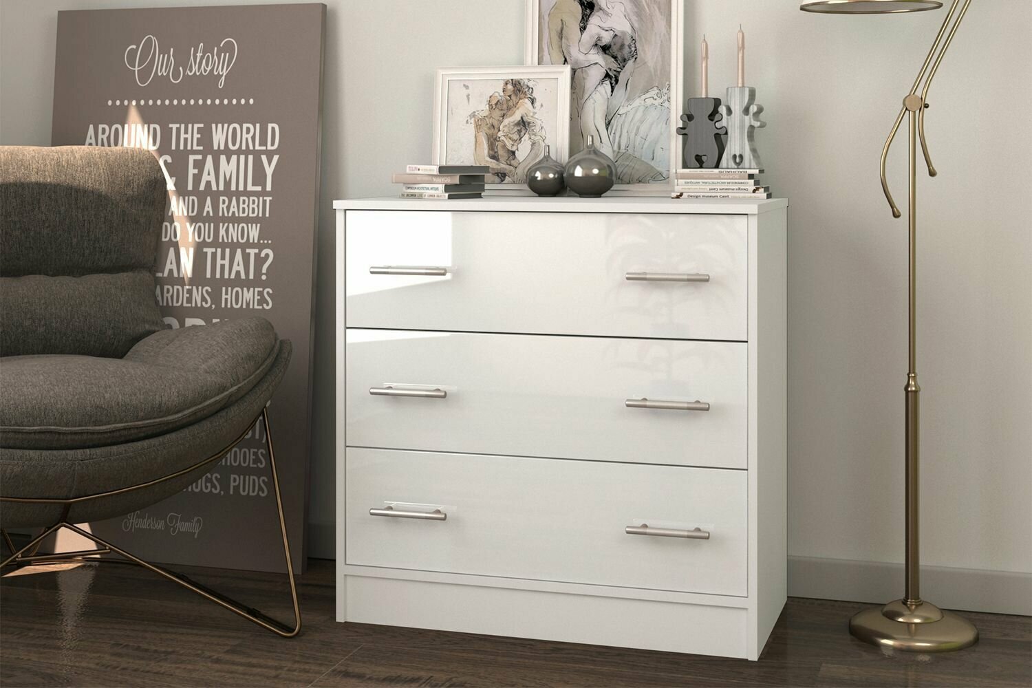 Комод Ричард 0.3 80х42х80 МДФ глянец белый DM635-6, корпус белый гладкий, 3 ящика