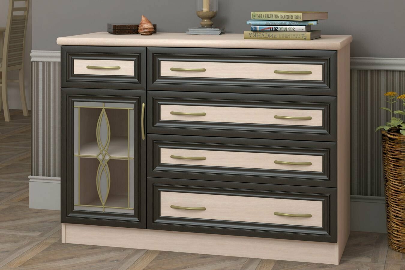 Комод №4 120х50х90 дуб млечный, рамка резная МДФ венге цаво, витражное стекло