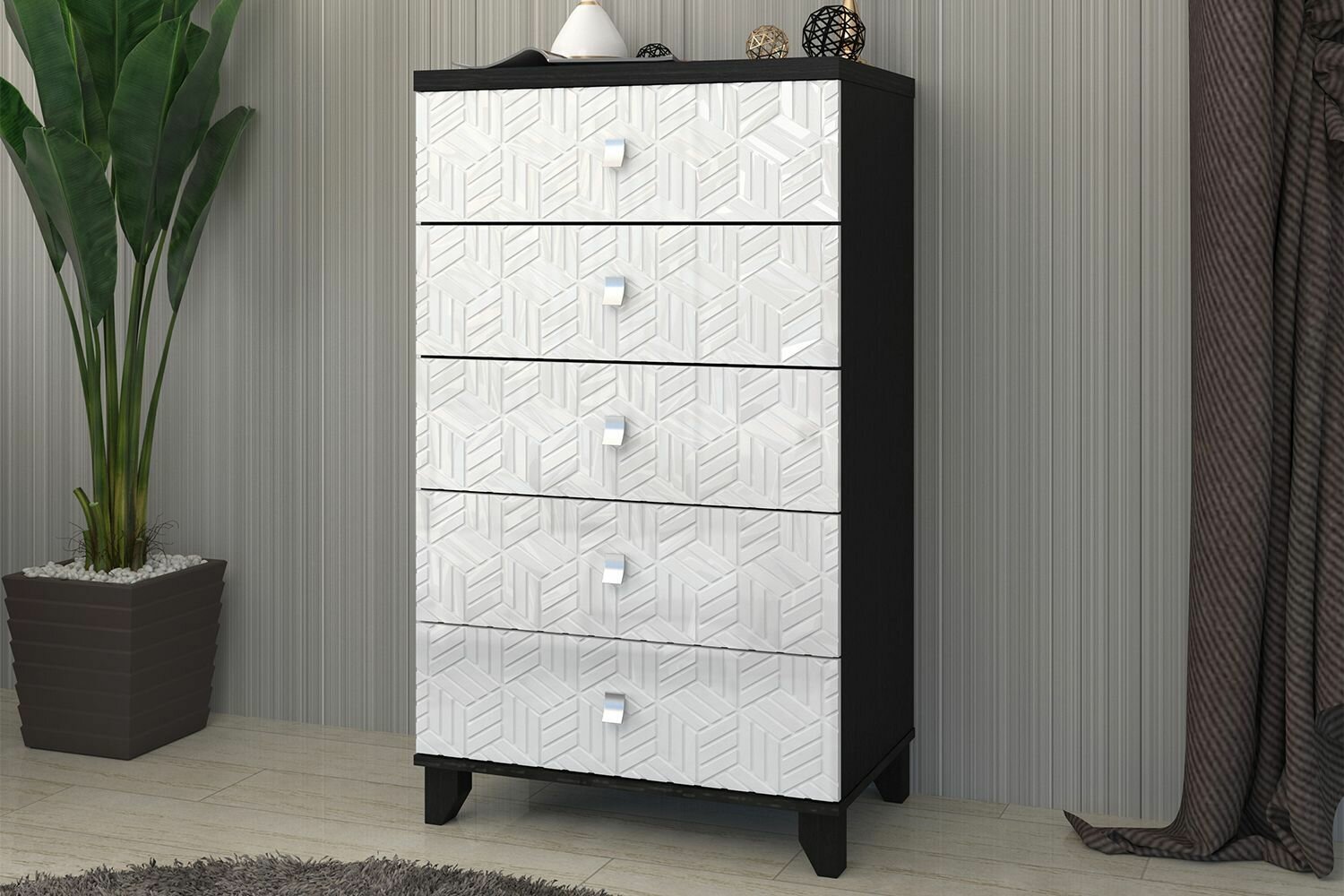 Комод Ренди 12 70х40х120 фасад МДФ с фрезеровкой белый DM635-6, корпус черный, ножка №3