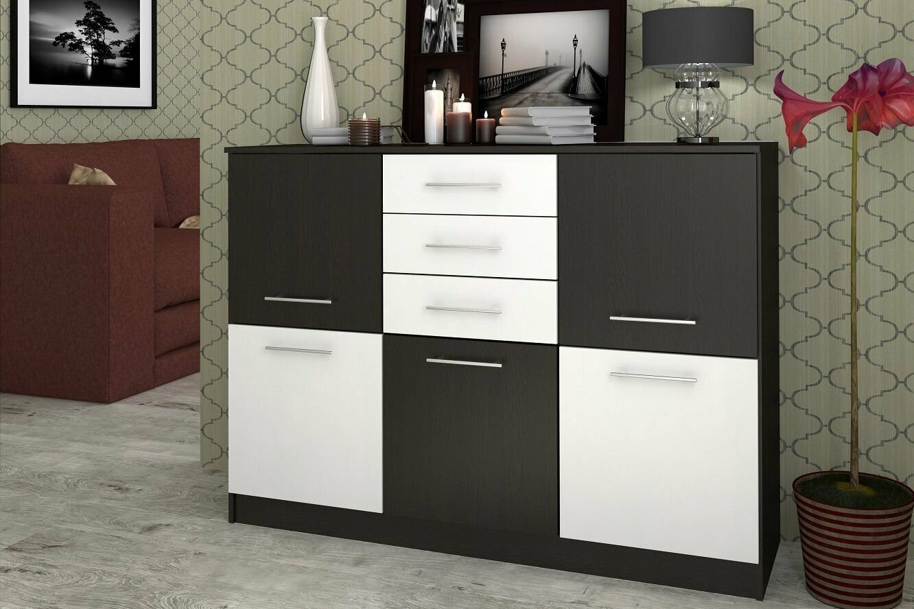 Комод Контраст 10 ЛДСП 150х44х110 венге цаво/белый гладкий, 3 ящика и 5 дверец