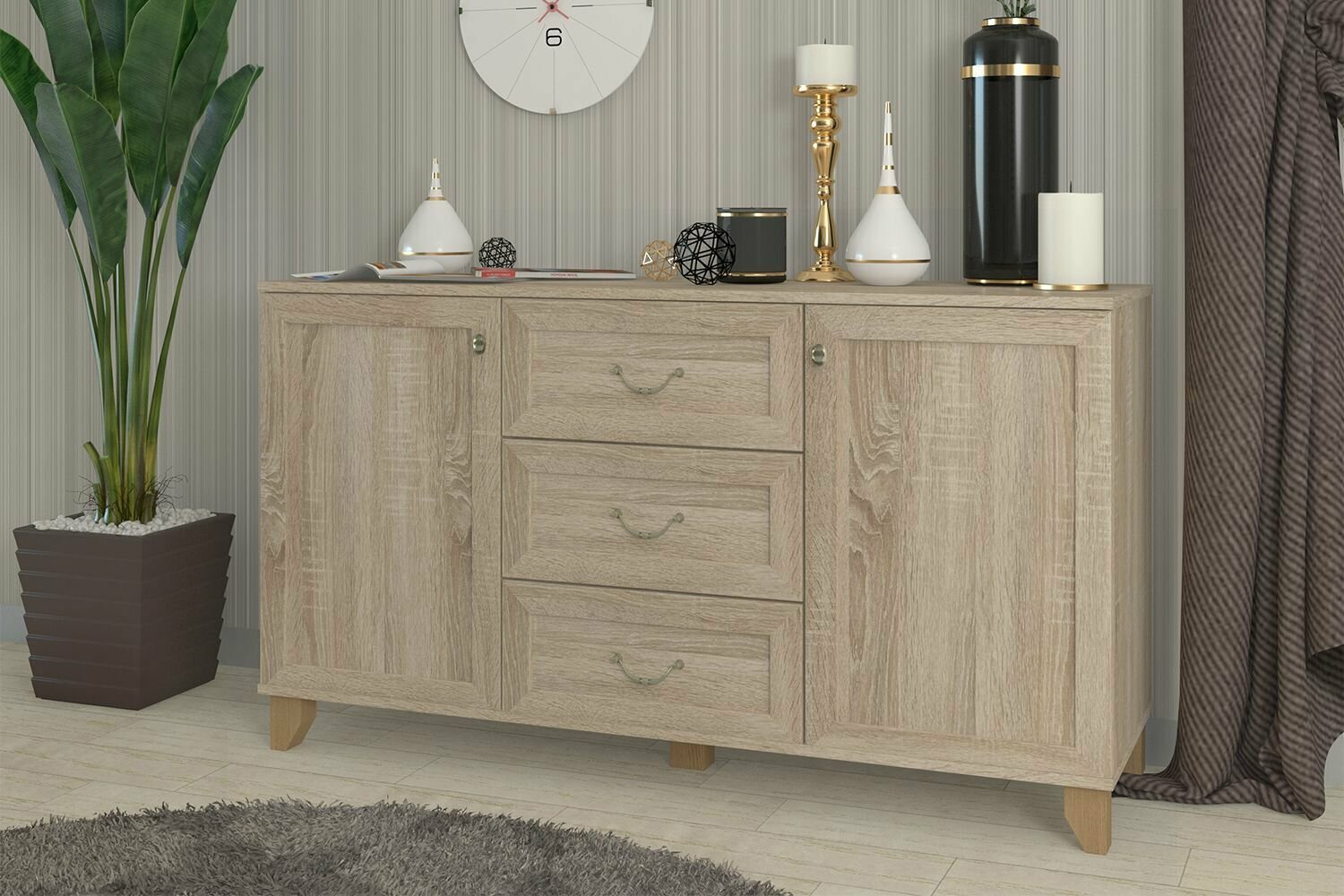 Комод Ренди 4М 140х40х80 дуб сонома, рамка квадро МДФ, ножка №3