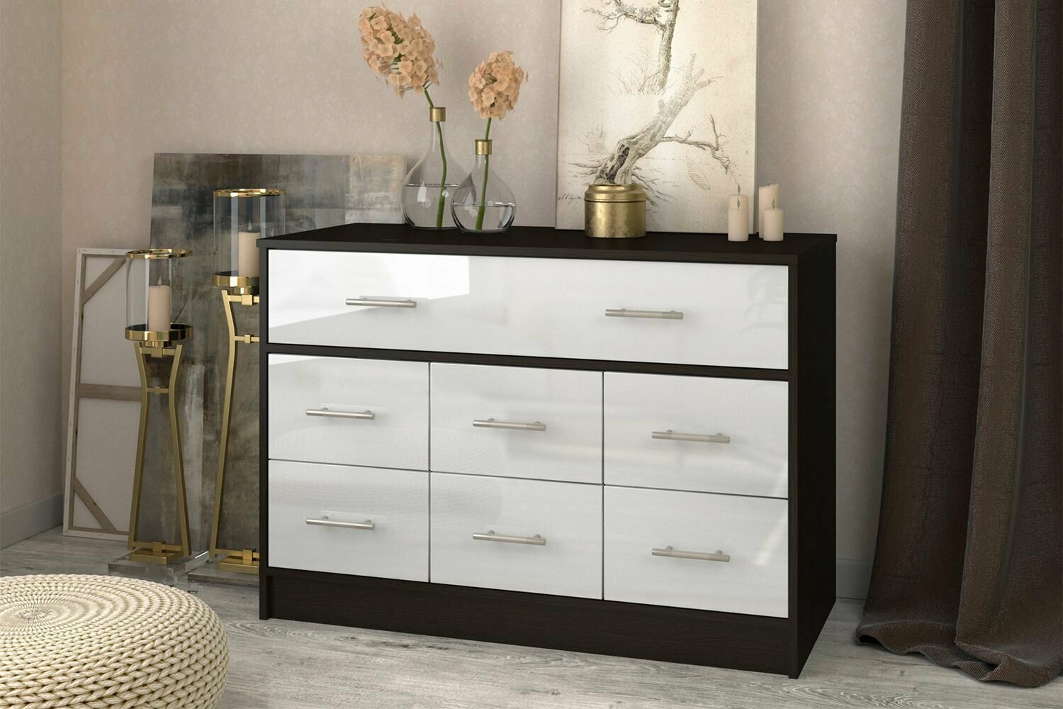 Комод Бонапарт 9 МДФ глянец белый DM635-6, корпус венге цаво