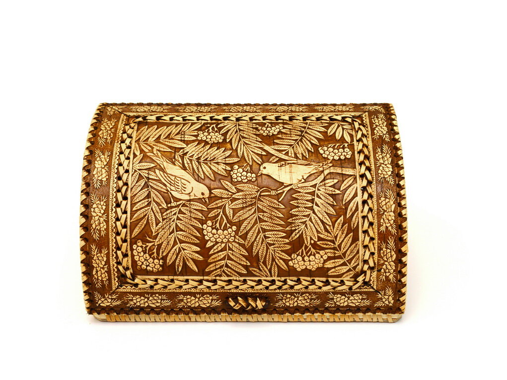 Хлебница из бересты большая "Птицы в рябине", ручная работа, 32х27х19 см