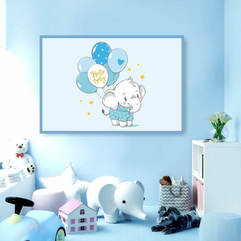 Постер Слоненок Мальчик С Шариком Привет Малыш Для Детской Горизонтальный 70х50 см в тубусе ПолиЦентр