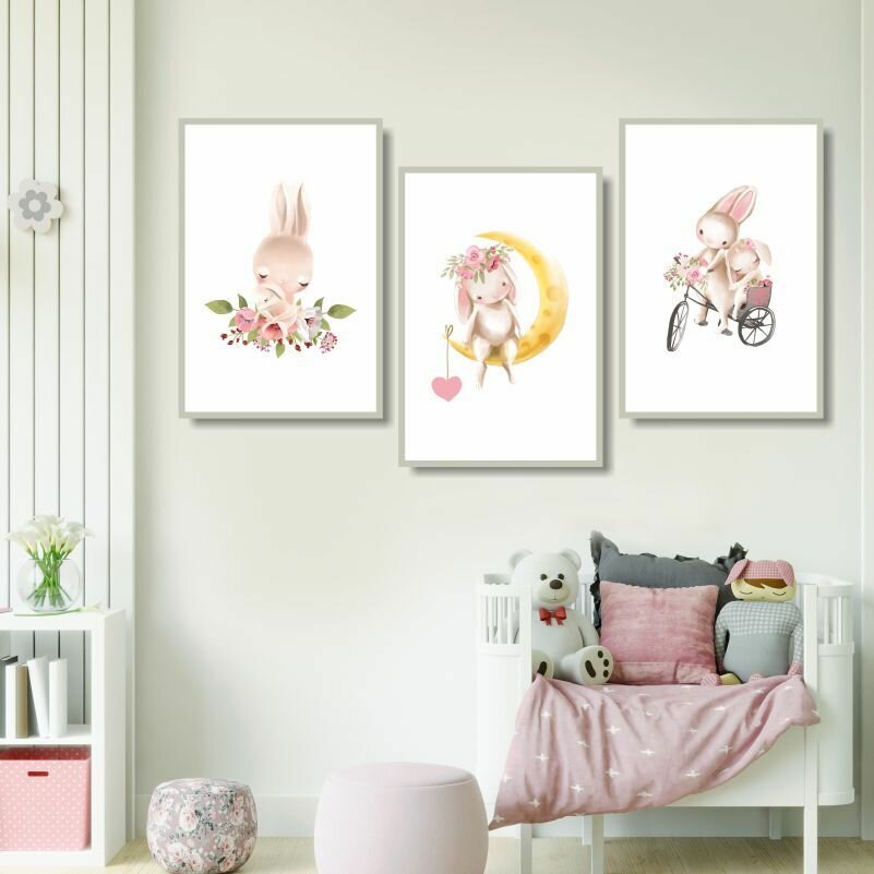 Набор постеров для интерьера Зайки Для Детской Тип 1 Вертикальный 50х70 см в тубусе ПолиЦентр, 3 шт