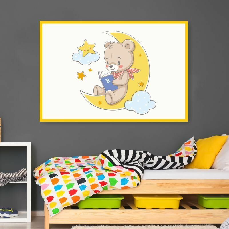 Постер Мишка На Месяце Читает Книжку Для Детской Горизонтальный 40х30 см в тубусе ПолиЦентр
