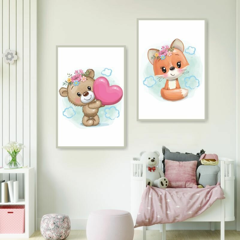 Набор постеров для интерьера Лисичка и Медвежонок для детской Вертикальный 50х70 см в тубусе ПолиЦентр, 2 шт