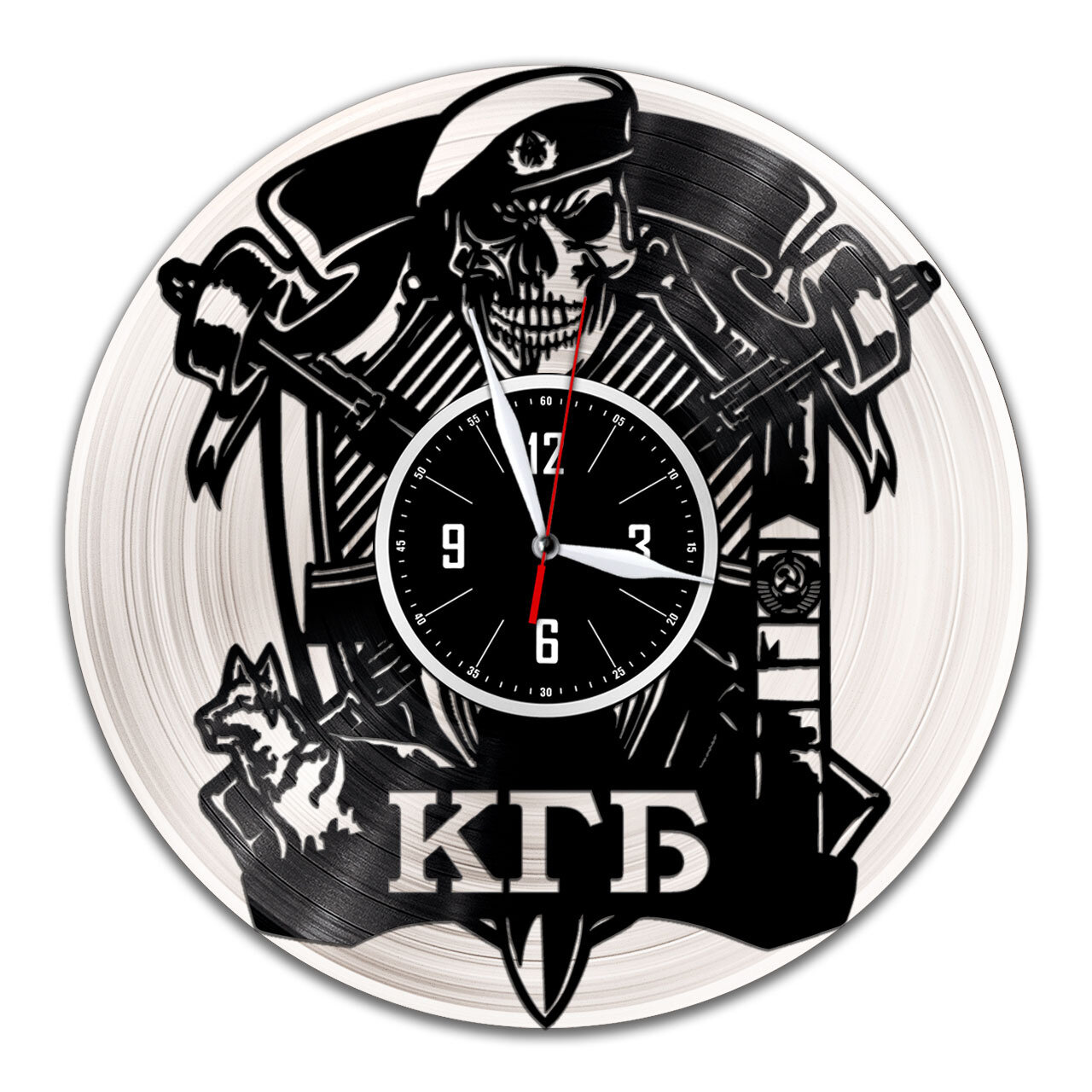 КГБ - настенные часы из виниловой пластинки (с серебряной подложкой)