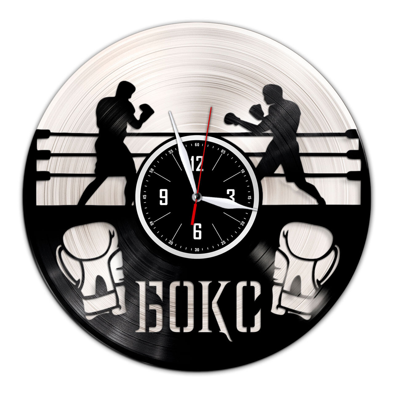 Бокс - настенные часы из виниловой пластинки (с серебряной подложкой)