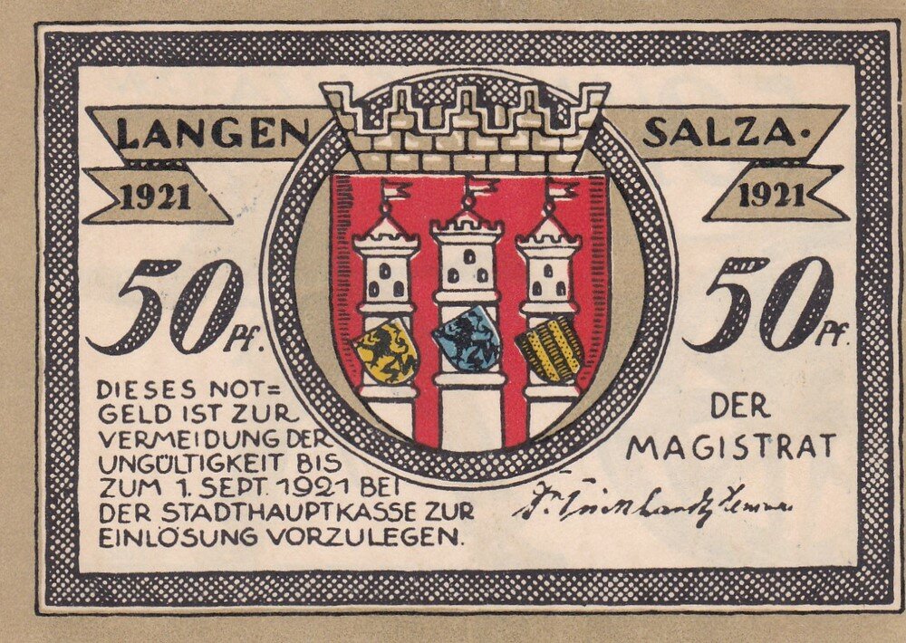Германия (Веймарская Республика) Лангензальца 50 пфеннигов 1921 г. (Вид 1) (№1)