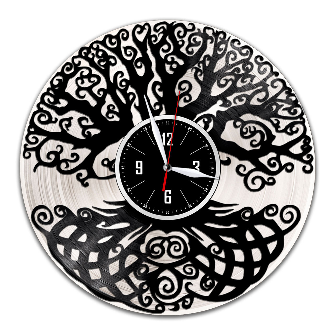 Дерево Жизни - настенные часы из виниловой пластинки (с серебряной подложкой)