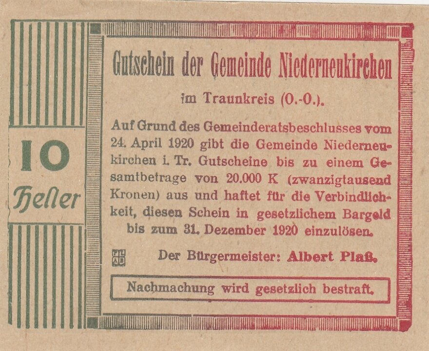 Австрия, Нидернойкирхен 10 геллеров 1920 г.