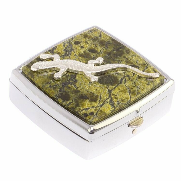 Таблетница на 2 отделения с ящерицей камень змеевик цвет серебро 125995
