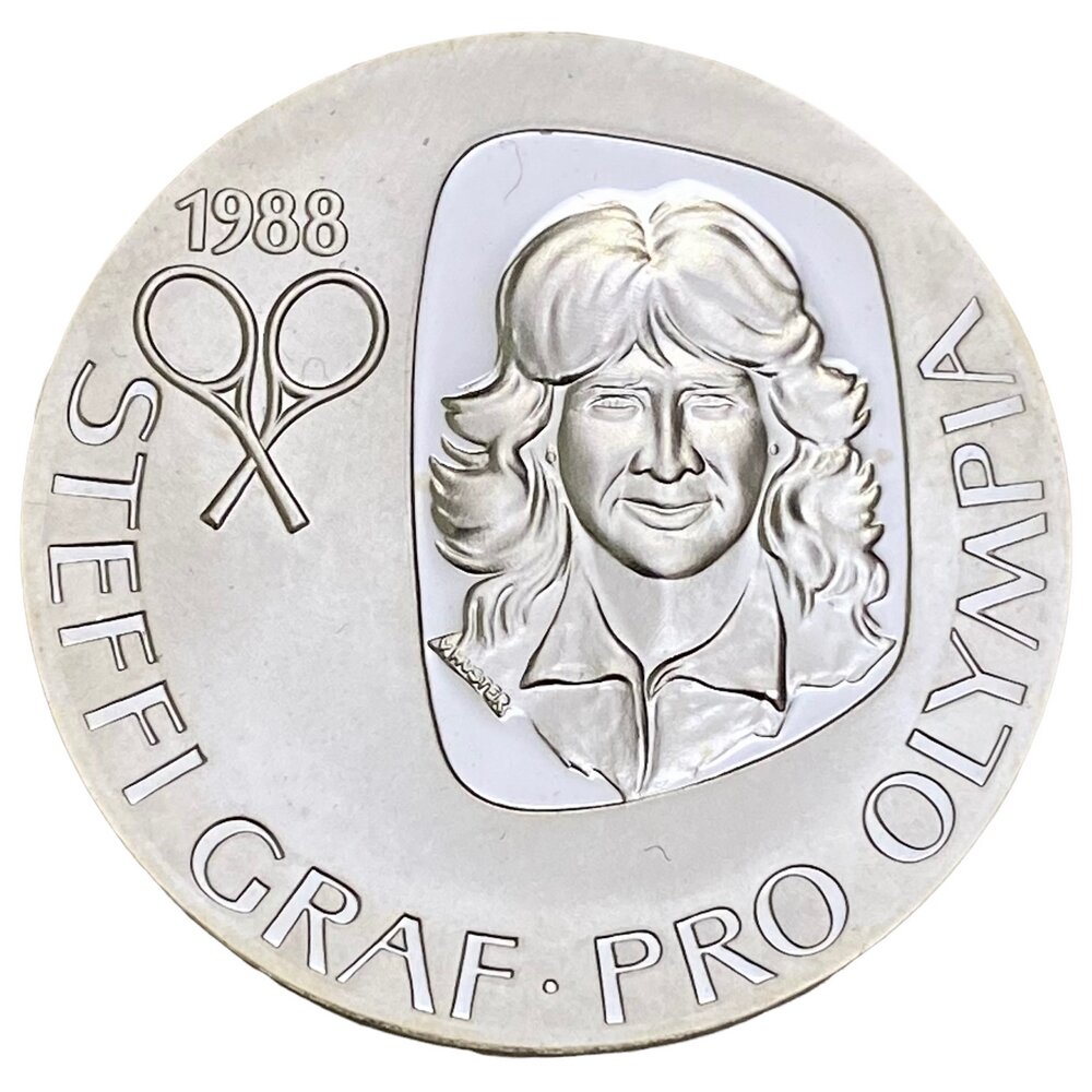 Германия, настольная медаль "Стеффи Граф" серебряная в коробке 1988 г.