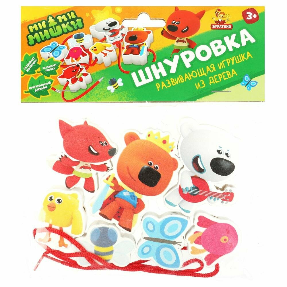 Шнуровка-бусы, 17х13 см. Ми-ми-мишки Буратино игрушки из дерева MMM-29