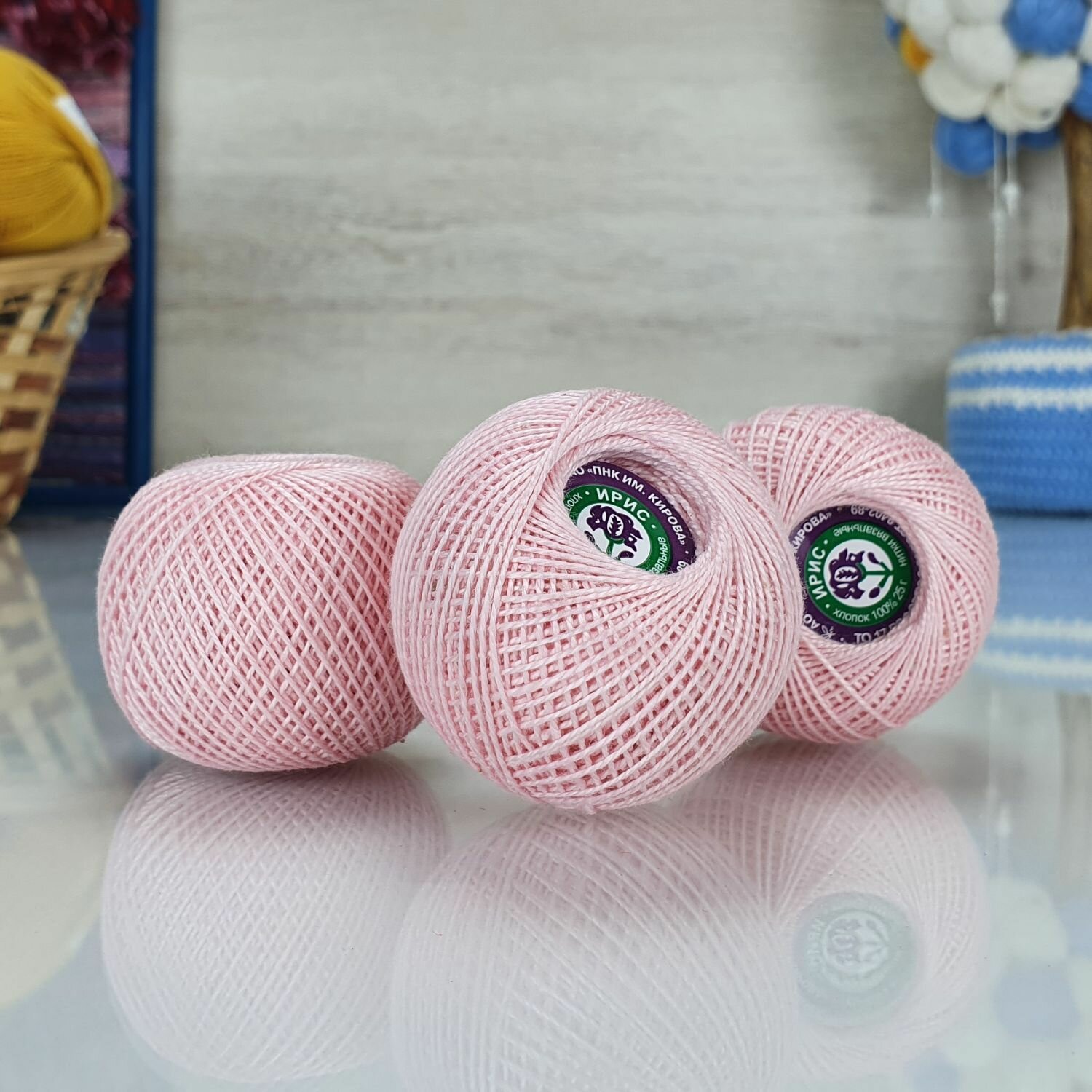 Пряжа ПНК им. С. М. Кирова Ирис набор 6 шт, светло-розовый - 1002, 100% мерсеризованный хлопок, 6 мотков, 25 г, 150 м.