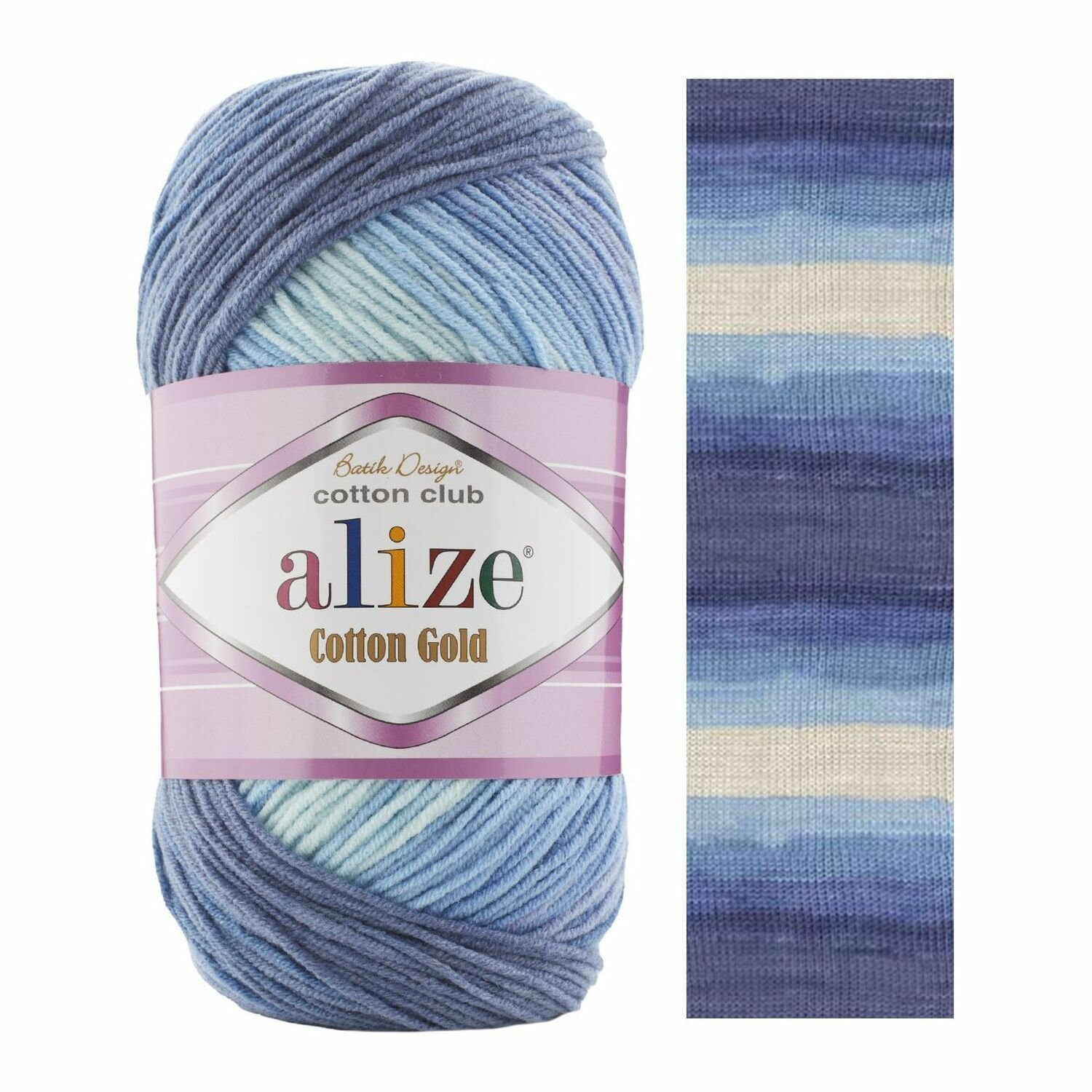 Пряжа ALIZE COTTON GOLD BATIK, син/гол/бел - 3299, 55% хлопок, 45% акрил, 5 мотков, 100 г, 330 м.