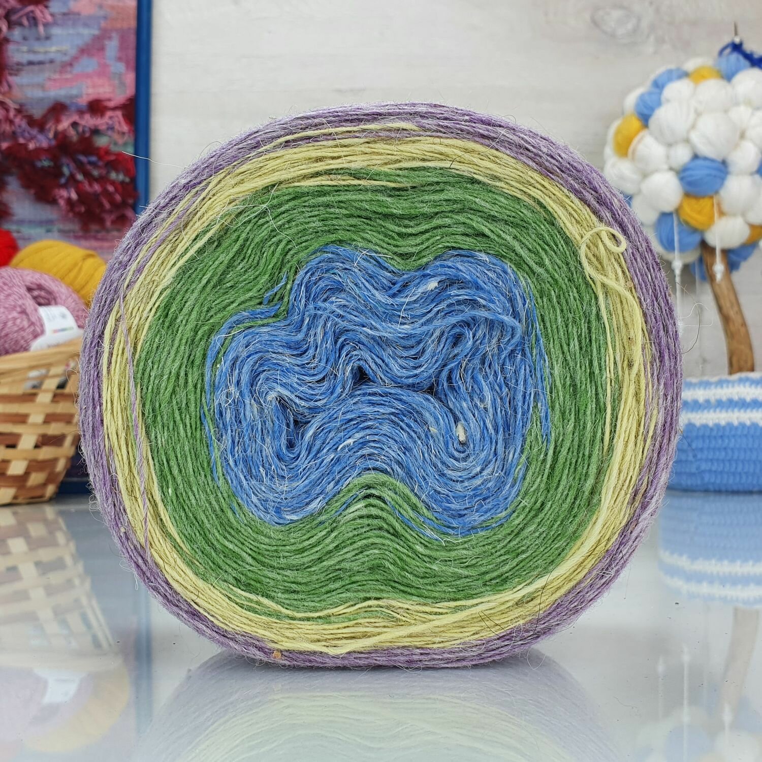 Пряжа Рассказовская Ангорка колор, лилов/лимон/голуб - 42, 95% шерсть ангорской козы, 5% акрил, 2 мотка, 250 г, от 700 м.