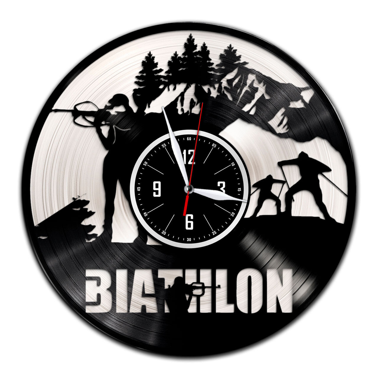 Биатлон - настенные часы из виниловой пластинки (с серебряной подложкой)
