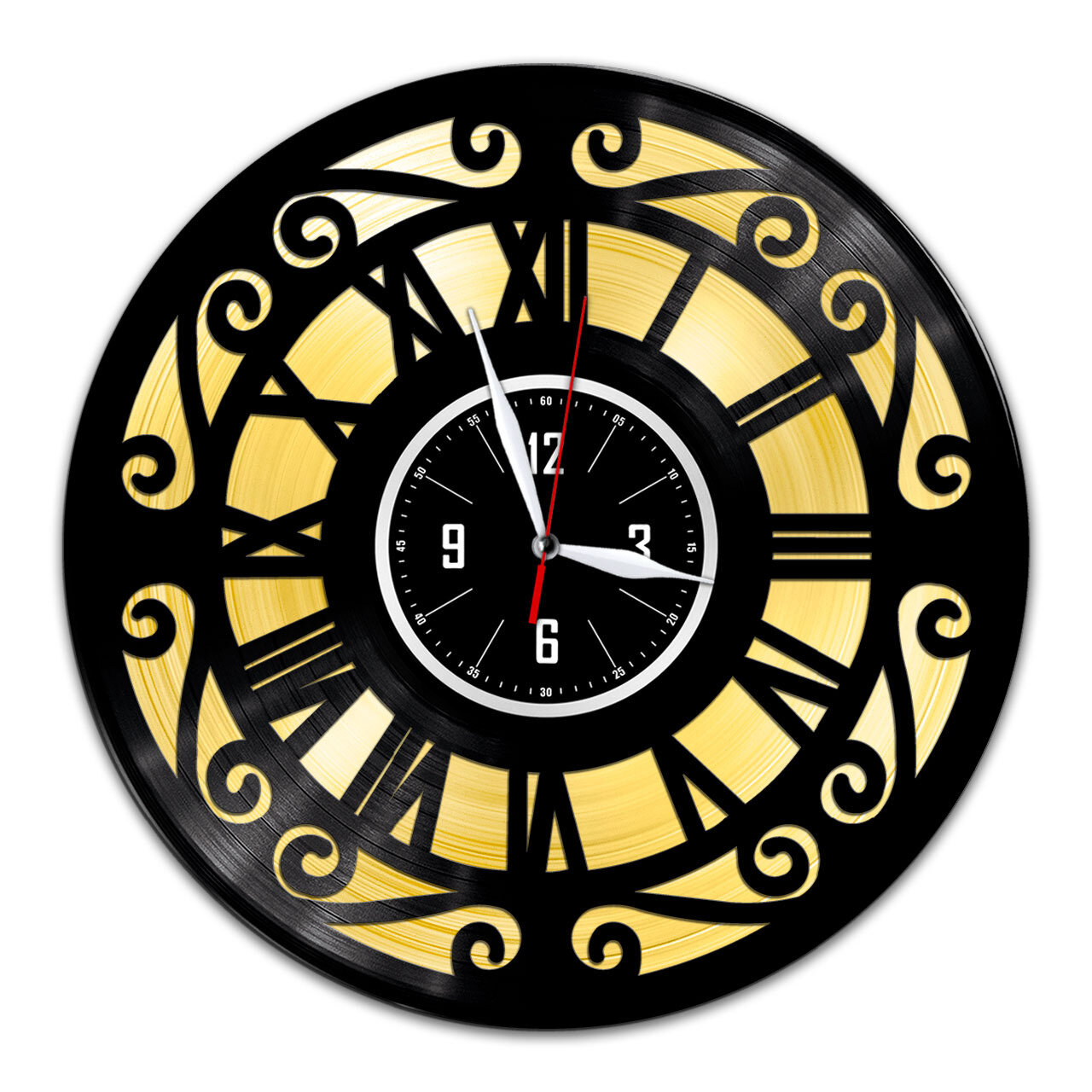 Римские цифры - настенные часы из виниловой пластинки (с золотой подложкой)