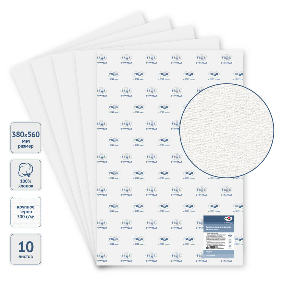 Бумага для акварели, 10л, 380*560мм, Гамма "Студия", 300г/м2, крупное зерно, 100% хлопок, 362569