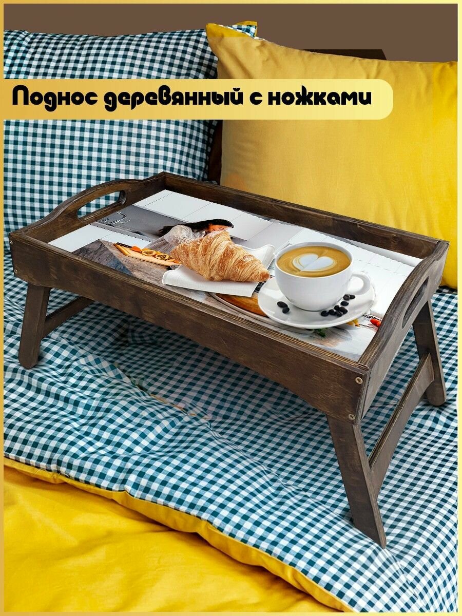 Деревянный поднос на ножках с рисунком еда - 153