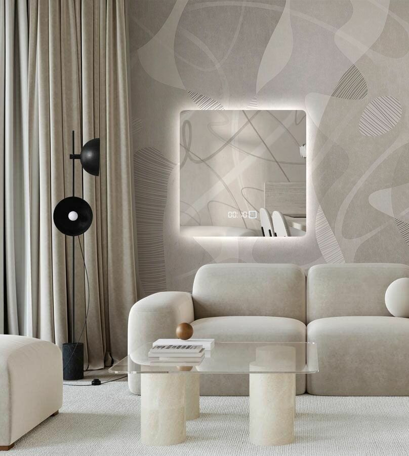 Зеркало для ванной с часами Prisma 70*70 квадратное с нейтральной LED-подсветкой