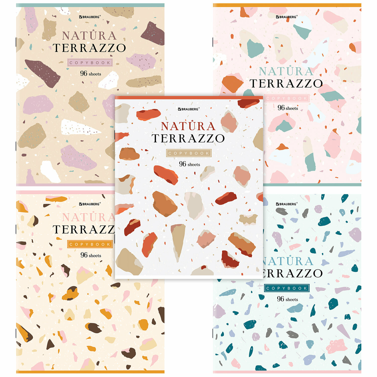 Комплектация 7 шт. Тетрадь А5, 96 л, BRAUBERG, скоба, клетка, TWIN-лак, «Natura Terrazzo», 404431