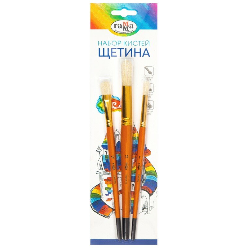 Набор кистей Щетина круглые № 7,12, плоская №12 блистер, артикул 280618.09.04
