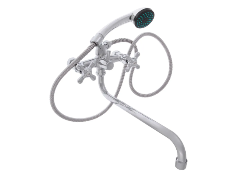 СоюзКран SK08-S222, Смеситель для ванны, длинный излив, керамические кран-буксы 1/2, с душевым набором, цинк