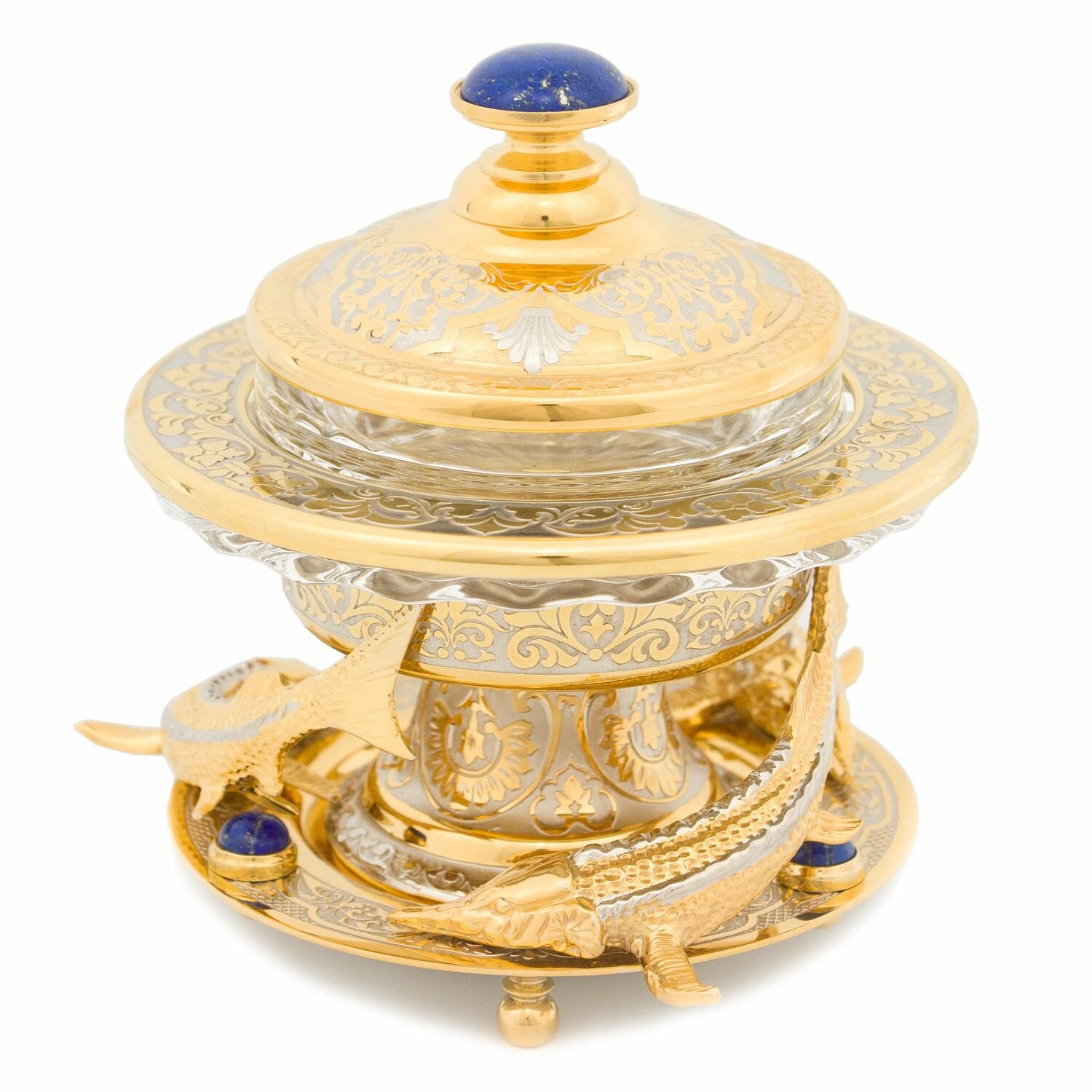 Икорница "Три стерлядки" камень лазурит в подарочной упаковке Златоуст 116465