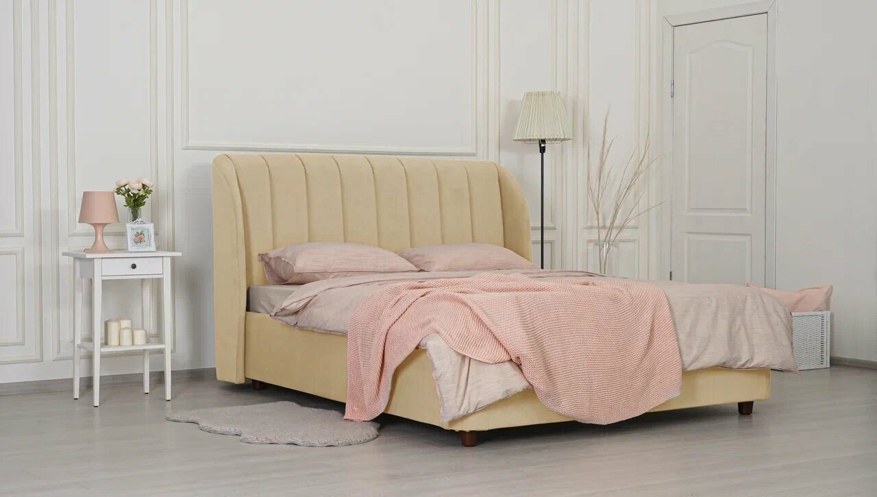 Двуспальная кровать 160х200, "Hellen" с мягким изголовьем для дома, для спальни, ортопедическое основание. Велюр Бежевый (без подъёмного механизма) Teddy 008