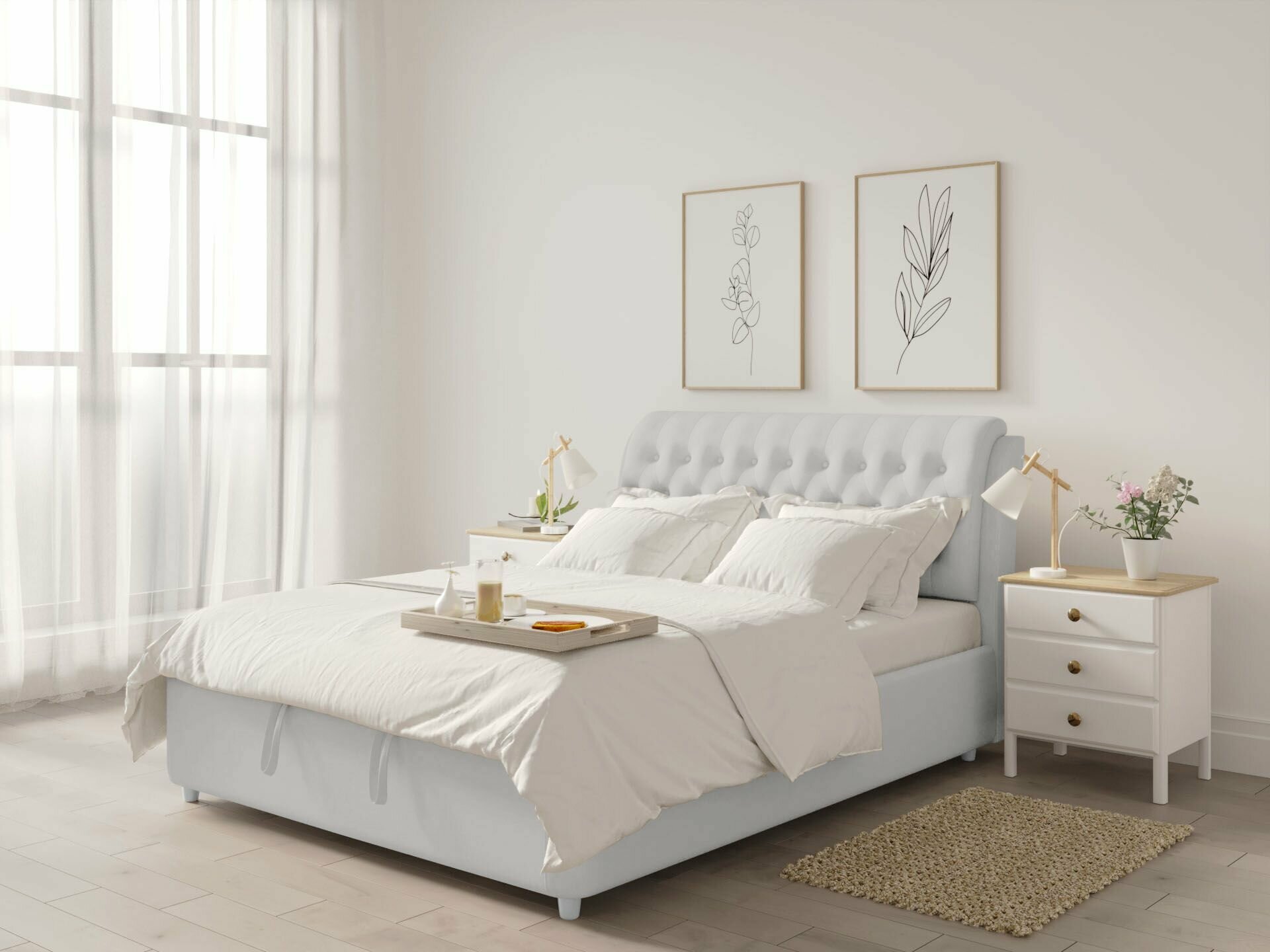 Двуспальная кровать 120х200 с подъемным механизмом, "Siena 2" с мягким изголовьем для дома, для спальни, ортопедическое основание, с ящиком для белья. Велюр белый Enigma 01