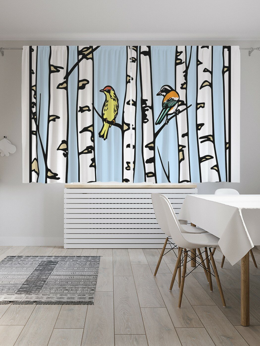Фотошторы короткие "Птицы на березе", 2 полотна шириной по 145 см, высота 180 см, JoyArty