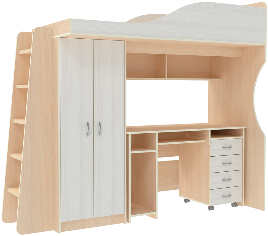 Кровать чердак "Квартет" с деревянной лестницей Дуб Молочный Белое Дерево