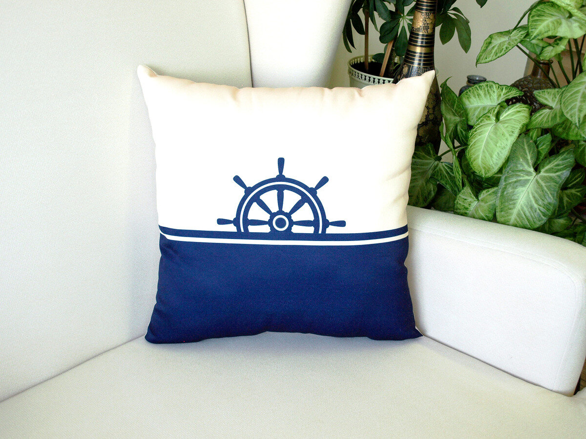 Подушка декоративная Синий Штурвал на бежевом 40х40 Твилл