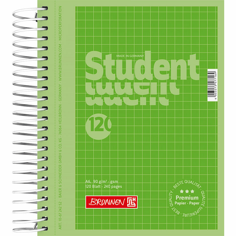 Блокнот в клетку на пружине , А6 ,"Student Colour Code" 90 гр/м2, 120 листов Зеленый, Brunnen (пр-во Германия)