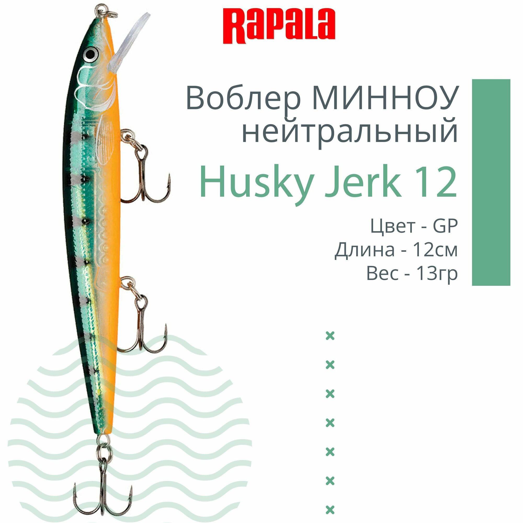 Воблер для рыбалки RAPALA Husky Jerk 12, 12см, 13гр, цвет GP, нейтральный