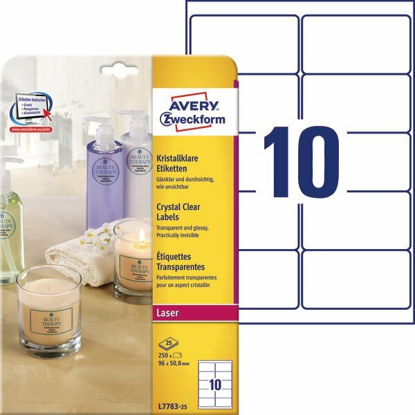 Самоклеящиеся прозрачные этикетки Avery Zweckform [L7783-25] CrystalClear (96х50.8 мм, 525 шт, 25 листов)