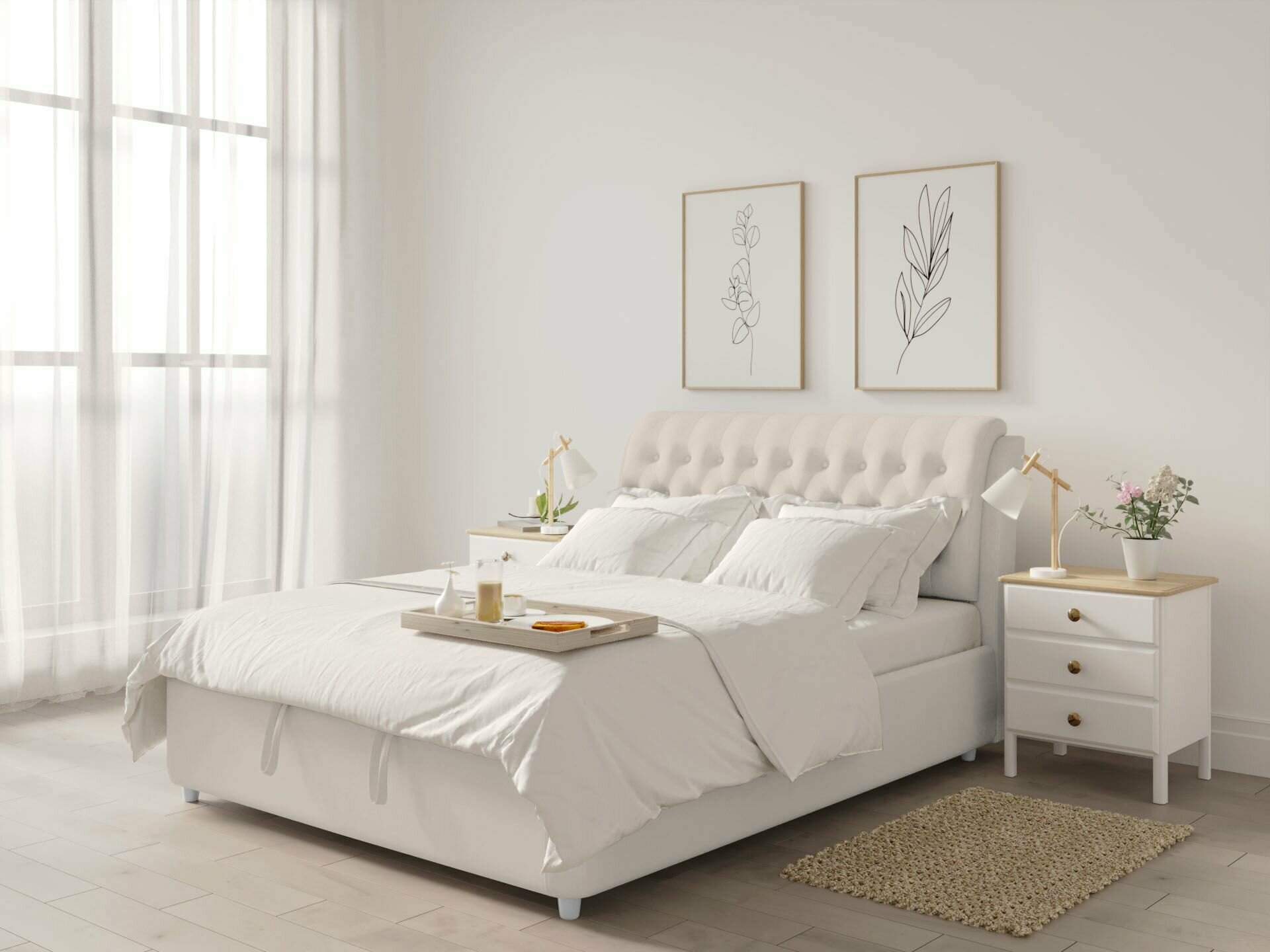 Двуспальная кровать 120х200, "Siena 2" с мягким изголовьем для дома, для спальни, ортопедическое основание. Велюр Молочный (без подъёмного механизма) Teddy 004