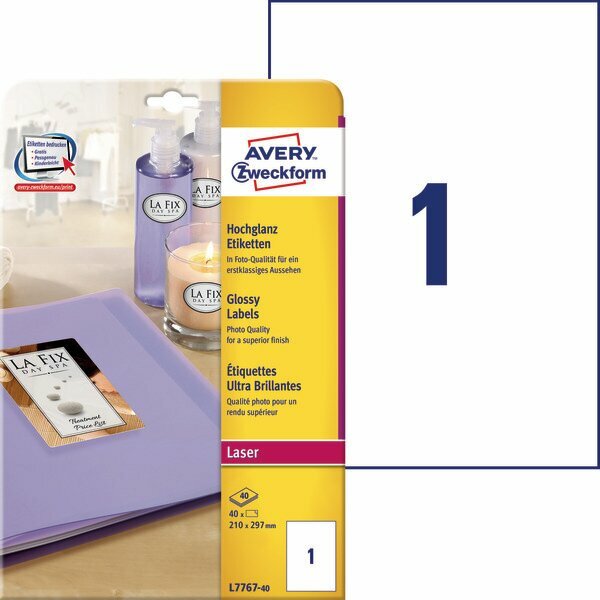 Этикетки Avery Zweckform [L7767-40] самоклеящиеся глянцевые для лазерных принтеров (210x297 мм, 40 шт, 40 листов)