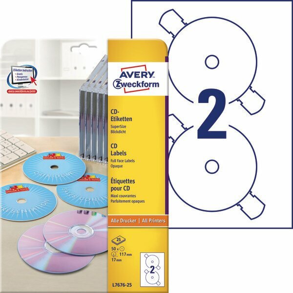 Этикетки Avery Zweckform [L7676-25] для CD (глянцевые, белые, Ø117 мм, 50 шт, 25 листов, cупер-размер)