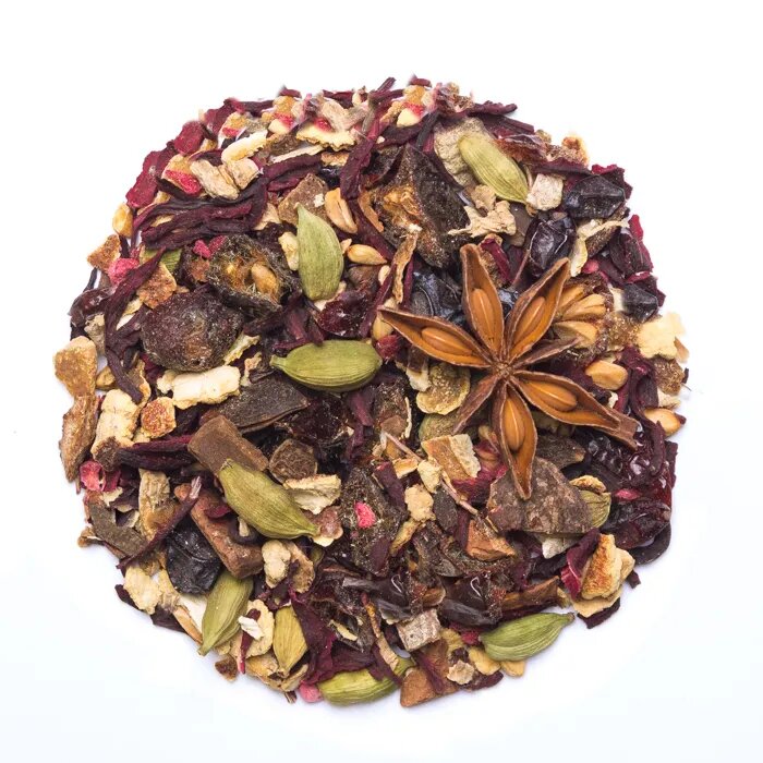 Травяной чай "Глинтвейн", вкусный, каркаде, шиповник, боярышник, барбарис, цедра лимон, апельсин, имбирь, бадьян, гвоздика, кардамон, корица 100 гр.