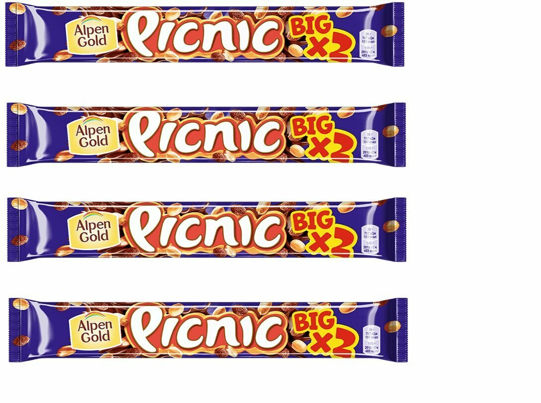 Шоколадный батончик "Picnic" Грецкий орех, с грецким орехом и арахисом 52 г 4 шт