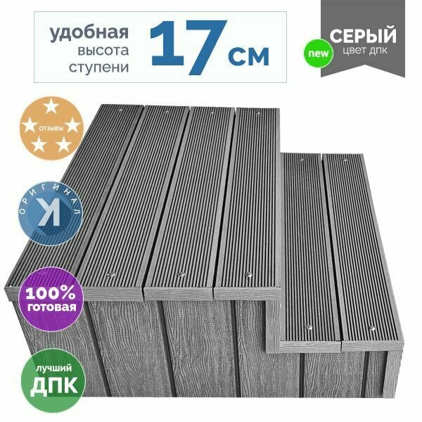 Крыльцо Медиум ПБ (40х20) 2 ступени, серая, с площадкой 60 с подступенками и боками из ДПК, 34х100х91 см