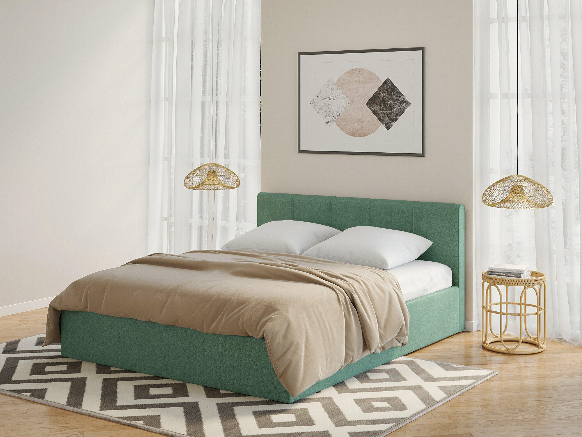 Двуспальная кровать 120х200 с подъемным механизмом, "Astrid" с мягким изголовьем для дома, для спальни, ортопедическое основание, с ящиком для белья. Рогожка зеленый Bjork mint