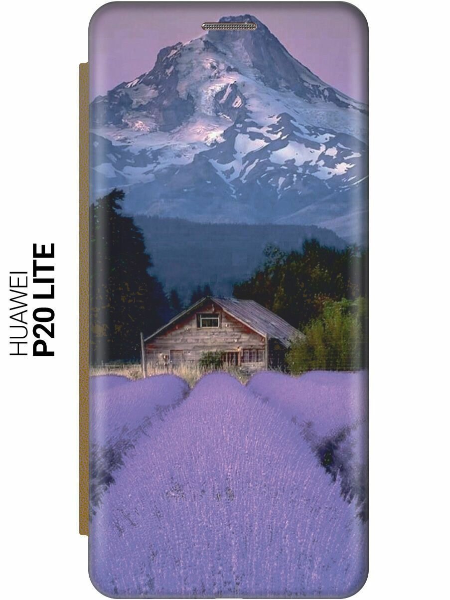 Чехол-книжка на Huawei P20 Lite, Nova 3e, Хуавей П20 Лайт, Нова 3Е c принтом "Лавандовое поле в горах" золотистый
